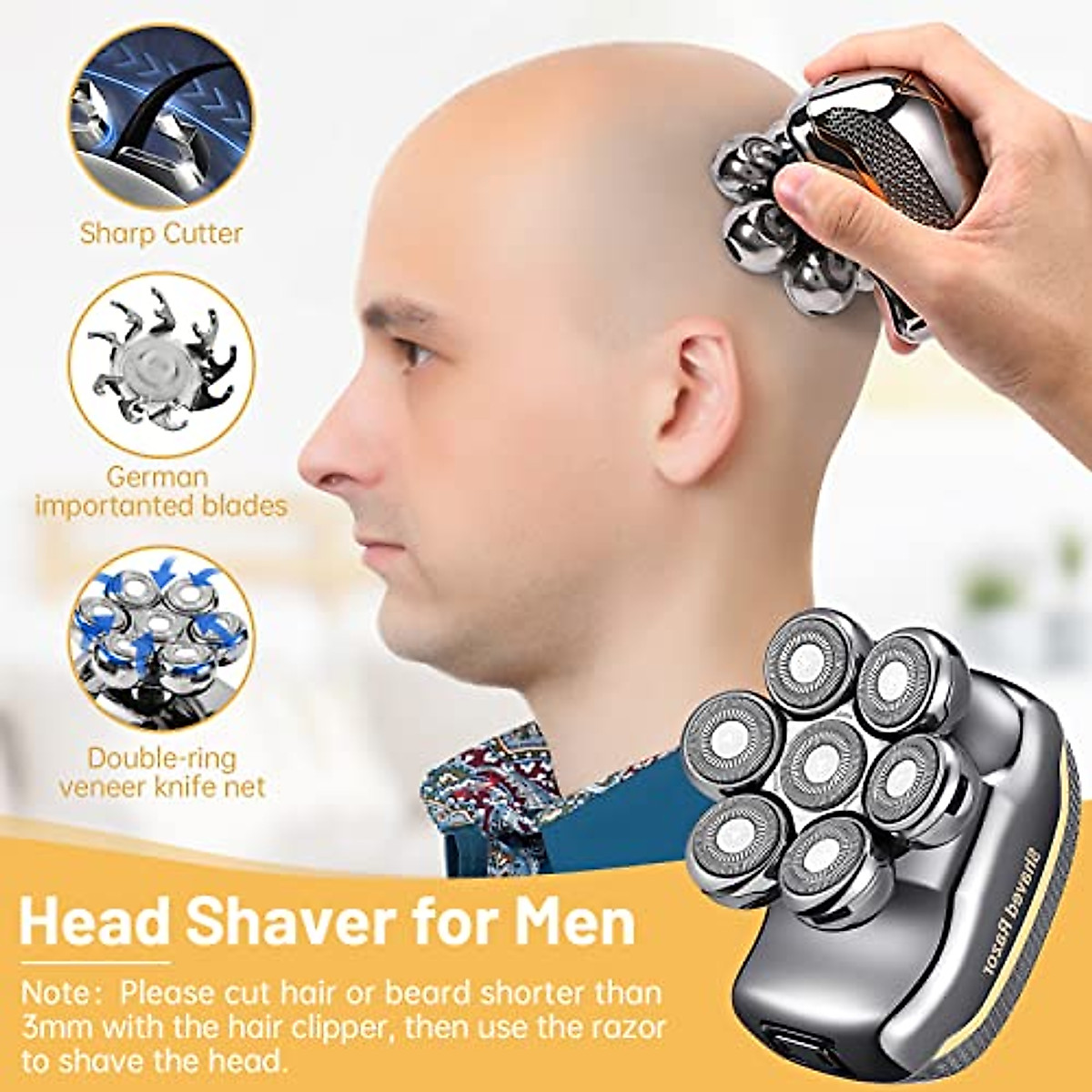 Men's Electric Head Shaver Razor - Rechargeable Cordless Head Shaving Razors for Bald Man 6 in 1 Waterproof Wet Dry Hair Cutting Shavers Beard Trimmer Grooming Kit 7 Rotary Heads