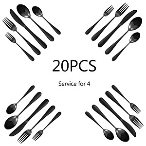 Black Flatware Set 20 Piece, Stainless Steel Silverware Set for 4, Cutlery Utensils Set Include Knives/Forks/Spoons Service for 4, Dishwasher Safe (Shiny Black)
