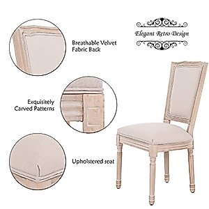 anjsindra Dining Chairs Set of 2 French Dining Room Chairs Linen Fabric Upholstered Farmhouse Bedroom Kitchen Chairs with Ladder Backrest Carving Solid Wood Leg Dining Chair, Beige