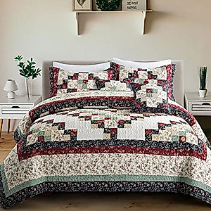 NIUDÉCOR HOME Genuine Patchwork Quilt Sets 100% Cotton California King Size Bedspread Reversible Vintage Plaid Floral Red Coverlet Bedding Sets 3 Piece