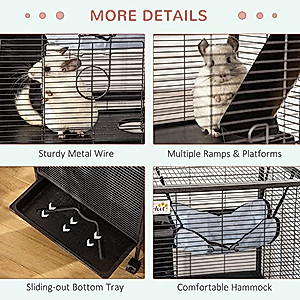 PawHut Metal Small Animal Cage Rolling Big Ferret Cage, Chinchilla Cage, Sugar Glider Cage, with Hammock & 4 Tiers, Removable Tray