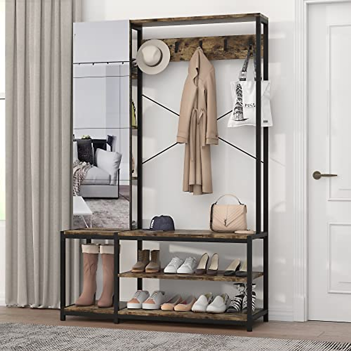 PAKASEPT Hall Tree with Mirror, Freestanding Closet Organizer, Garment Rack with Mirror, Heavy Duty Garment Rack Hanging Clothing Wardrobe Storage Closet for Bedroom