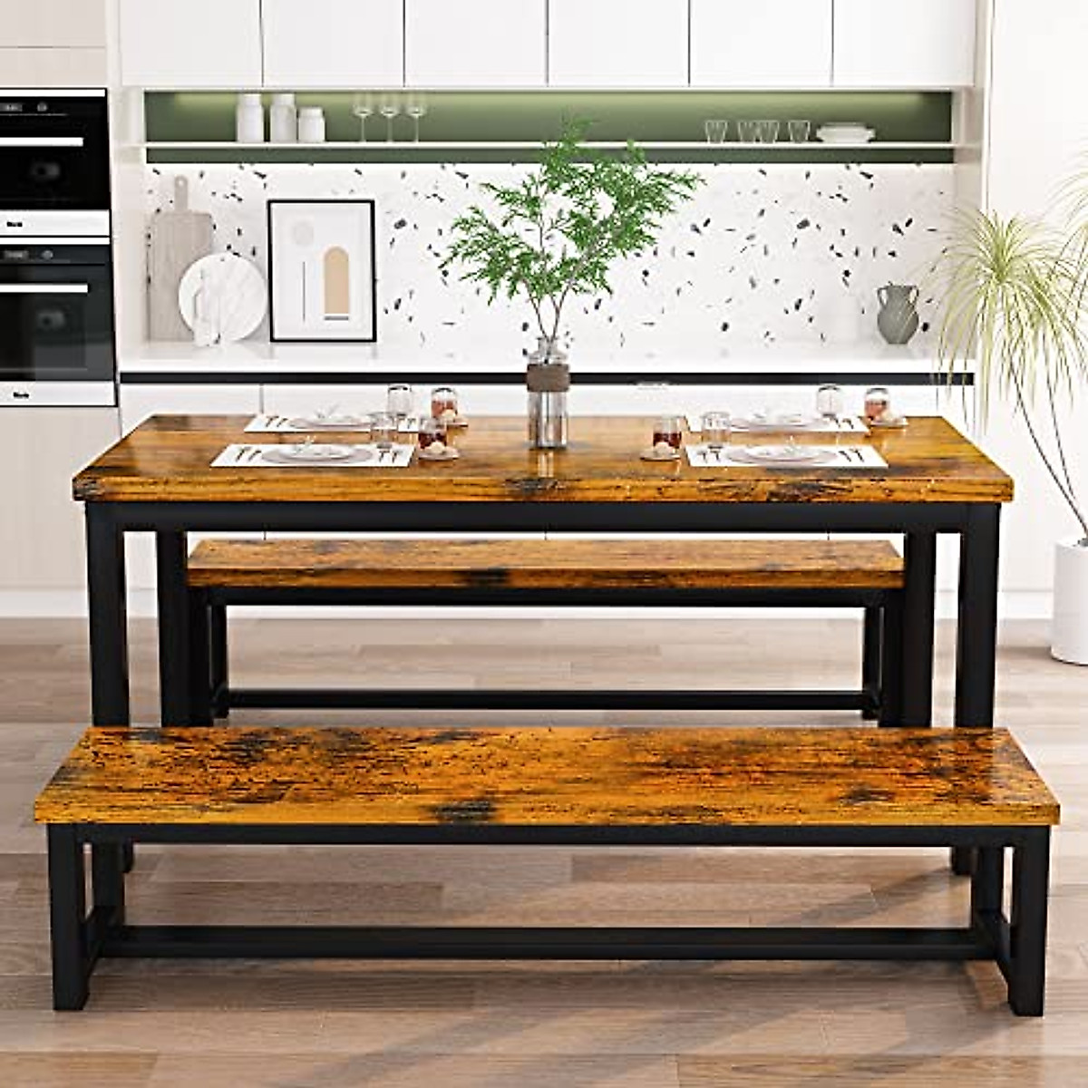 AWQM 43.3" Dining Table Set for 4, Kitchen Dining Table with 2 Benches, Dining Room Table Set with Metal Frame & Thickened Board for Kitchen, Restaurant, Rustic Brown