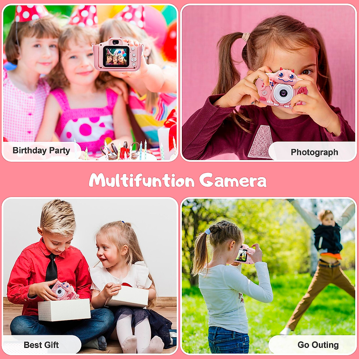 iMisH Upgrade 48M Kids Camera for Girls Boys Age 3-9, 1000mAh Large Battery with 1080p Video Camera for Kids - Shockproof Silicon Case and 32GB TF Card, Toddler Camera for Selfie (Pink)