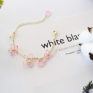 Barsly Flower Bracelet with Pink Cherry Blossom Green Pearl Small and Fresh and Heartly Sweet Bracelet Gold-Color