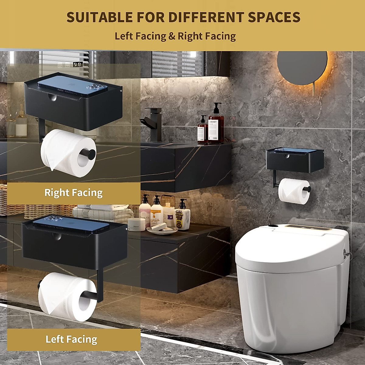 LAYUKI Large Toilet Paper Holder with Shelf, Wipes Dispenser and Storage, Stainless Steel, Wall Mounted, Matt Black, Upgraded Toilet Paper and Flushable Wipes Storage for Bathroom