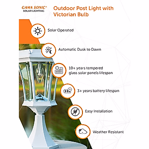 Gama Sonic Solar Outdoor Post Light, Victorian Bulb, White Aluminum, 1-Light with 3 Mounting Options, 3-inch Fitter for Lamp Posts, Flat Mount for Column Lights and Wall Sconce Mount (94B233)