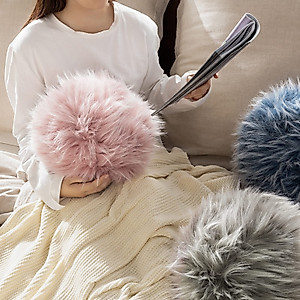 Ashler Plush Round Pillows, Ball Throw Pillow with Handle, Faux Fur Luxury Soft Decorative Cushion, Modern Home Decor Fluffy Round Pillow for Sofa, Bed, Chair, Light Gray, 9 x 9 inch