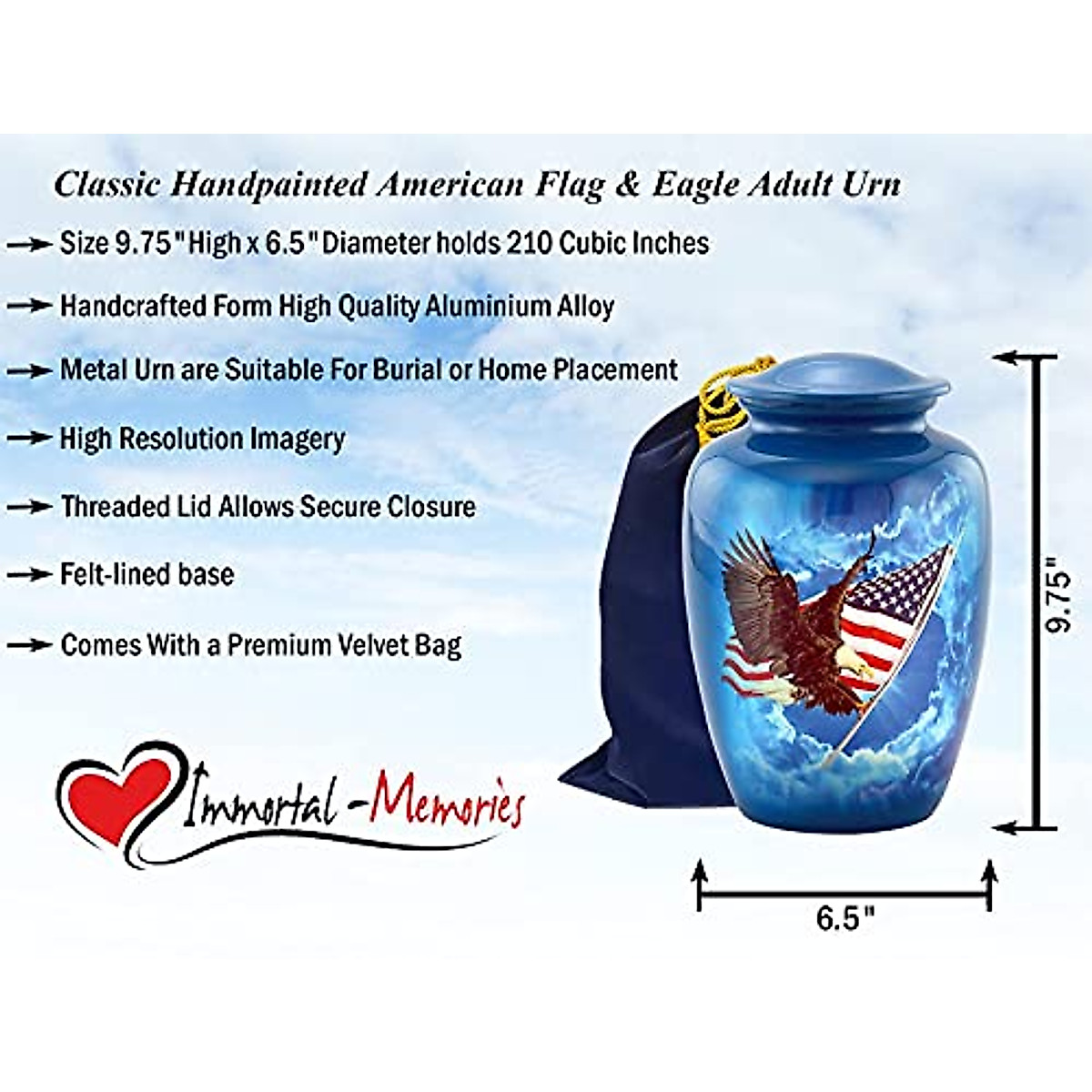 American Glory Urn, American Flag with Eagle Cremation Urn for Ashes, American Flag Soaring Eagle Urn, Patriotic Urn, Adult American Eagle Urn with Velvet Bag (Large)