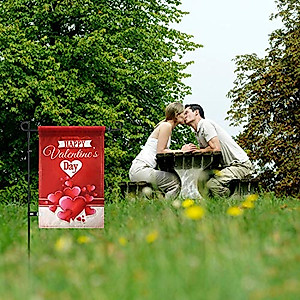 Happy Valentines Day Garden Flag Double Sided Decorations Heart Garden Flag with 1 Rubber Stopper and 1 Clear Anti-wind Clip for Garden Valentines Day Party Supplies, 12 x 18 Inch