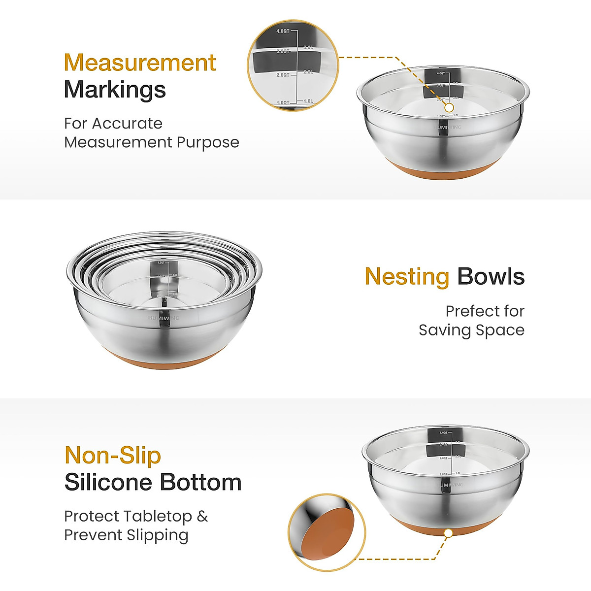 Humiwing Mixing Bowls with Lid Set, Mixing Bowls for Kitchen with Lids, Nesting Bowls with 3 Grater Attachments & Non-Slip Bottoms for Mixing, Serving, Baking, Prepping