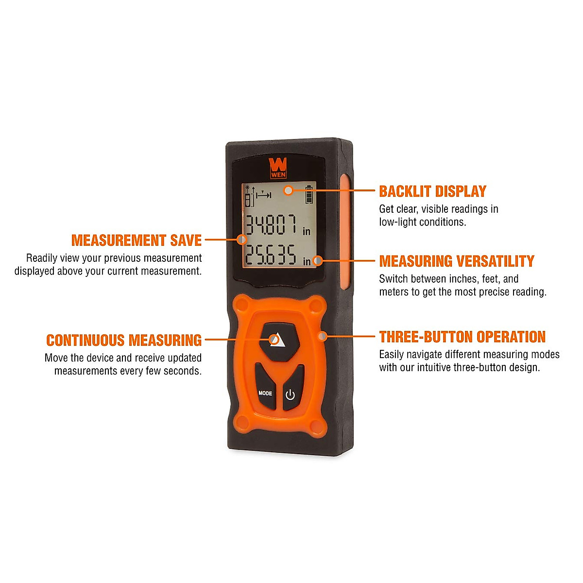 WEN 10130 Multi-Unit Compact Digital 130-Foot Laser Distance Measure with Backlit LED Screen