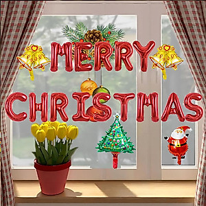 Merry Christmas With Santa Claus Christmas Tree Bells Balloons, Red Aluminum Foil Christmas Party Sign, Xmas/Xmas Eve Party Decorations Supplies Backdrops