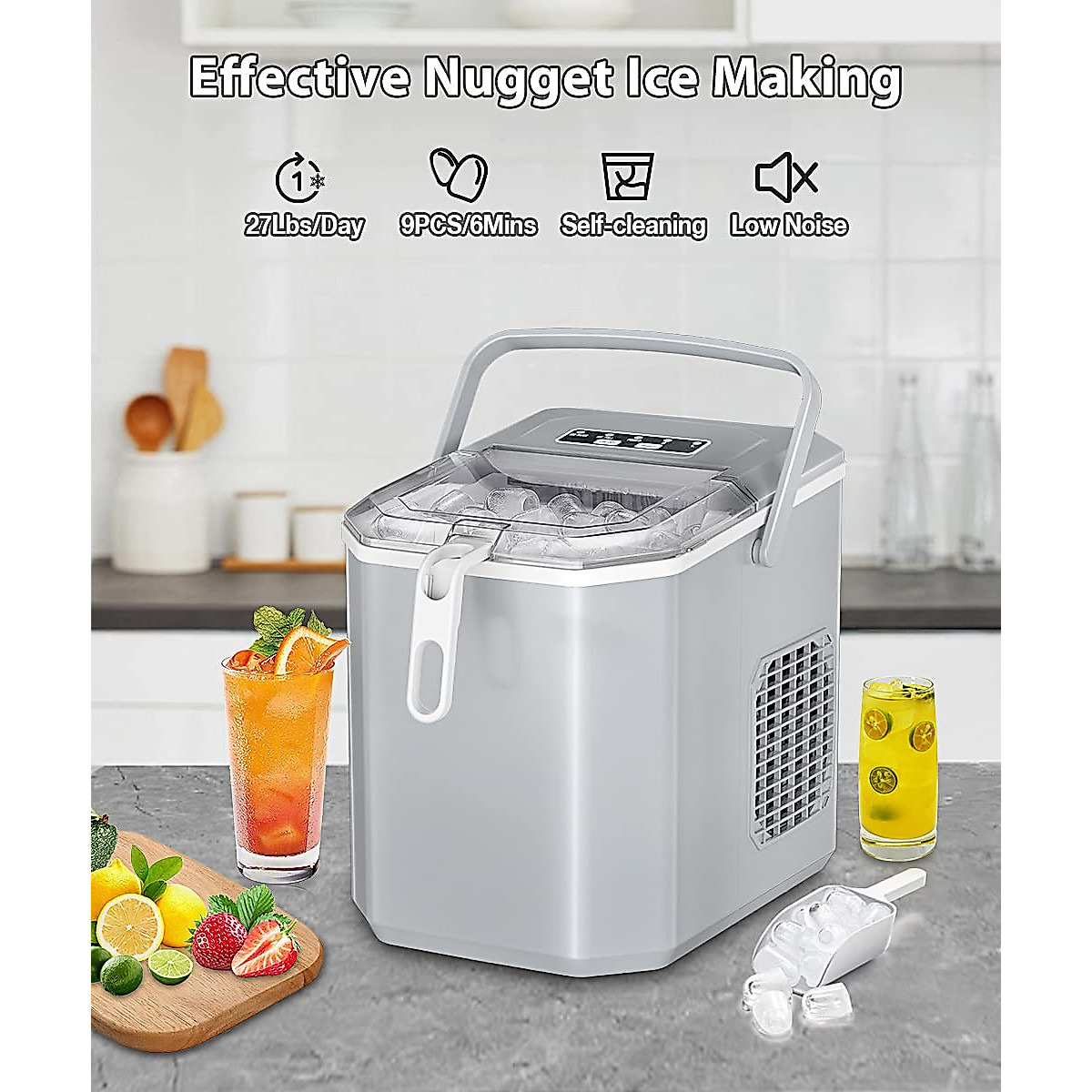 COWSAR Ice Makers Countertop, Ice Maker Machine 6 Mins/9 Pcs Bullet Portable Ice Maker Machine 26.5lbs/24Hrs with Self-Cleaning, Ice Scoop and Basket, Ice Maker for Party/Kitchen/Home/Office