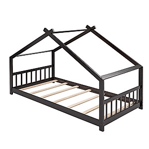 Montessori Floor Bed Frame Twin Size, Twin Floor Bed Frame with Headboard, Footboard and Slats, Wood Montessori Bed Frame/Montessori House Bed for Kids, Girls, Boys(Espresso)