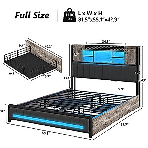 Full Size Bed Frame with Bookcase Headboard & Storage Drawers, Bed Frame Full Size with LED Lights & Charging Station, Heavy Duty Metal Bed Frame for Kids Adults, No Box Spring Needed, Charcoal Gray