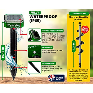 YARDEC Gopher Repellent Ultrasonic Solar Powered (8-Pack) - Easy To Use Solar Mole Repellent Ultrasonic With an Auger Drill Bit - IP65 Waterproof Sonic Repeller Stakes For Groundhog, Vole, Snake, etc.