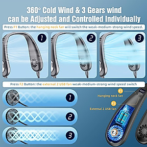 TFNN Portable Neck Fan, 9000mAh Hand Free Neck Fan, Neck Fan Air Conditioner, Bladeless Cooling Personal Neck Fan with 4 Air Outlet 3 speed for Travel, Camping, Yard Work, White