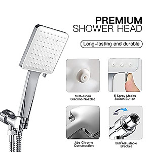 High Pressure Shower Head with Handheld - Modern Square Handheld Shower Heads - 6 Settings Detachable shower head with hose, Change Settings Much Easier Than the Twist Ones, Shower Accessories, Chrome