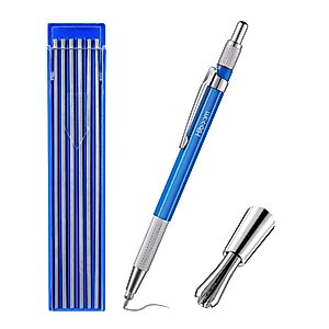 Hiboom Welders Pencil with 12 Pcs Silver Round Refills, Mechanical Pencils Metal Marker with Built-in Sharpener for Pipe Fitter Welder Steel Construction Fabrication Woodworking