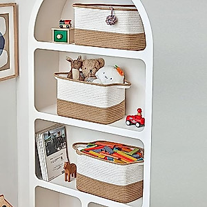 R RUNKA Cotton Rope Storage Basket (15"x10.2"x9.1") - Rectangle Storage Bins - Versatile Toy Storage Organizer - Perfect for Kids, Dog Toys, Books, Shelves - White & Khaki