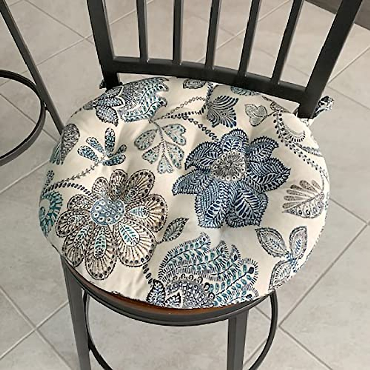Barnett Home Decor 16" Round Bistro Cushion - Boutique Floral - Indoor - Outdoor: Fade Resistant, Weather Resistant, Stain Resistant - Latex Foam Fill (Blue - White)