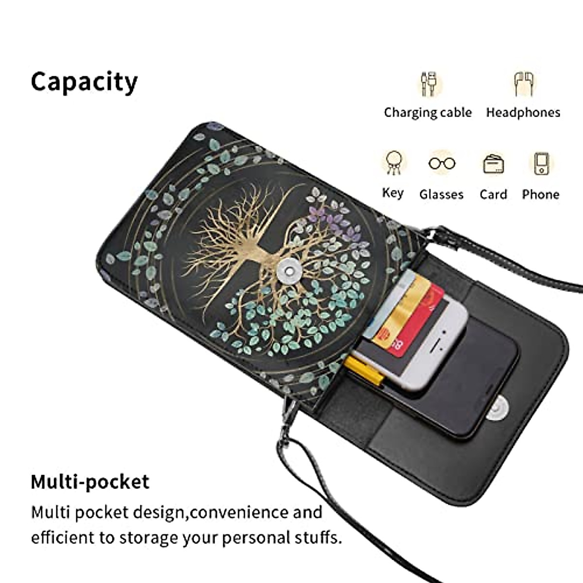 SKETVNHR Life Tree Yggdrasil Small Crossbody Cell Phone Purse for Women Soft Leather Fashion Travel Wallet with Adjustable Strap, Black