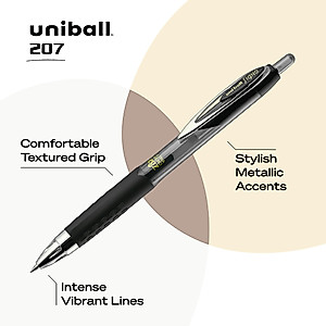 Black Retractable Gel Pens 12 Pack with Micro Points, Uni-Ball 207 Signo Click Pens are Fraud Proof and the Best Office Pens, Nursing Pens, Business Pens, School Pens, and Bible Pens