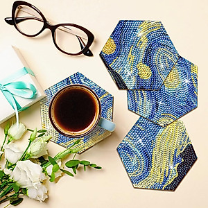 Diamond Painting Kits Coasters Starry Night, 7 PCS Diamond Art Hexagonal Coasters with Holder, Small Diamond Painting Kits for Adults Beginners