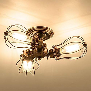GLADFRESIT Vintage Ceiling Light 3 lights Adjustable Socket Rustic Lamp, Metal Cage Semi-Flush Mount Industrial Ceiling Light Indoor Home Retro Chandeliers Lighting Fixture