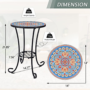 VCUTEKA Outdoor Side Table Mosaic Patio Table Accent Table Mosaic Tile Top Metal Frame Small End Table Porch Beach Patio Garden Balcony Blue 14''