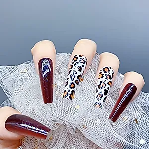 Dr Comfy Long French Press on Nails Coffin, Brown Ballerina Fake Nails with Leopard Print Design, Full Cover Acrylic False Nails for Women and Girls 24PCS…