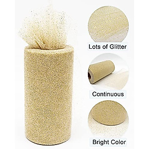 Glitter Gold Tulle Fabric Rolls, 6 Inch 50 Yards (150ft) Sparkling Spool Ribbon Sequin Netting for Tutu Skirt Gift Wrapping Wedding Party Decoration (White/Gold)