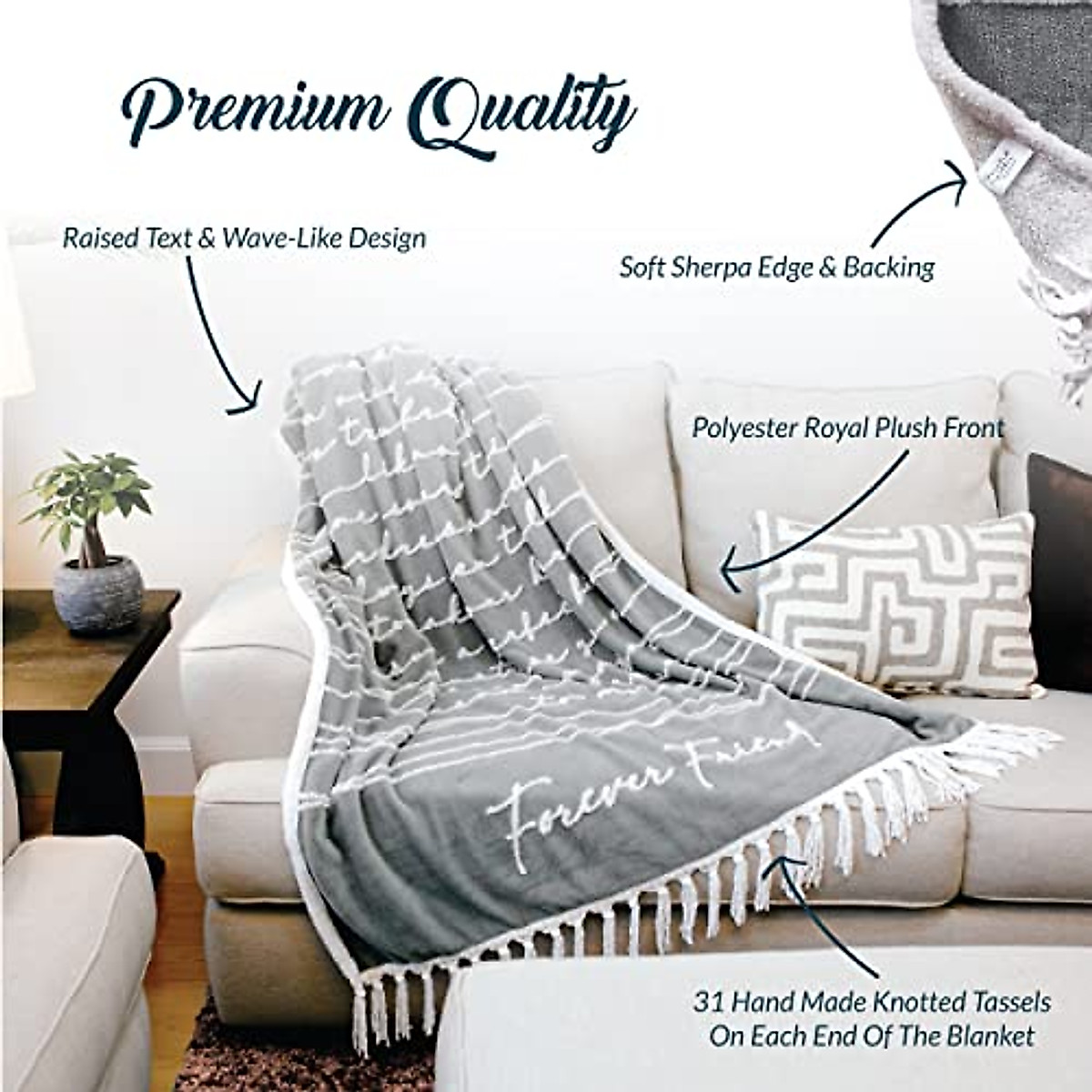 Pavilion - Forever Friend 50" x 60" Luxury Sherpa Tassel Raised Text Throw Blanket Bestie Best Friend Encouragement Housewarming Gift - Threaded Together