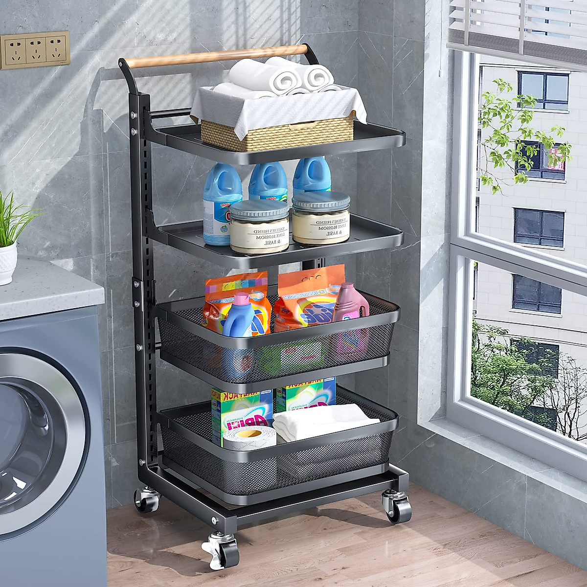 4 Tier Rolling Cart, Hanging Adjustable Utility Cart for Kitchen Pot Holder Office Laundry Bathroom, Black