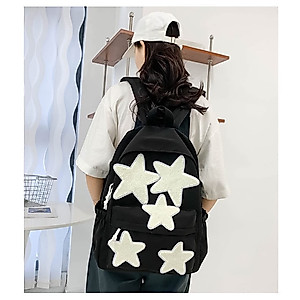 JHTPSLR Preppy Backpack Y2K Aesthetic Backpack Lambswool Stars Patchwork Backpack Cute Kawaii Stars Backpack Supplies Casual Daypack (Black)