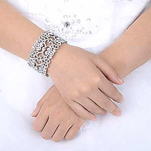 EVER FAITH Women's Austrian Crystal Bride Heart Art Deco Elastic Stretch Bracelet Clear Silver-Tone
