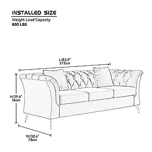 HomSof Sofa Beige Modern Chesterfield Curved 3 Seat Button Tufed Velvet Couch with Scroll Arms and Gold Metal Legs