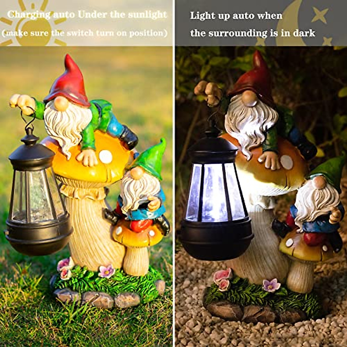 Ovewios Garden Gnome Statue, Large Funny Gnome Figurine Climbing on Mushroom and Holding a Solar LED Lantern Resin Ornament for Patio Yard Lawn Porch Outdoor Decor
