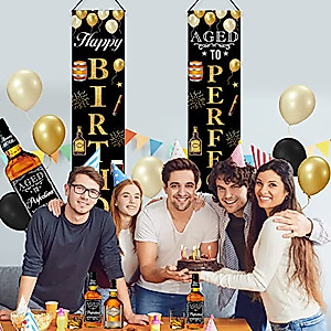 Whiskey Happy Birthday Door Banner Decorations for Men, Black Gold Whiskey Themed Happy Birthday & Aged to Perfection Party Sign Supplies, Cheer and Beer Themed Happy Birthday Photo Booth Props Decor for Indoor Outdoor