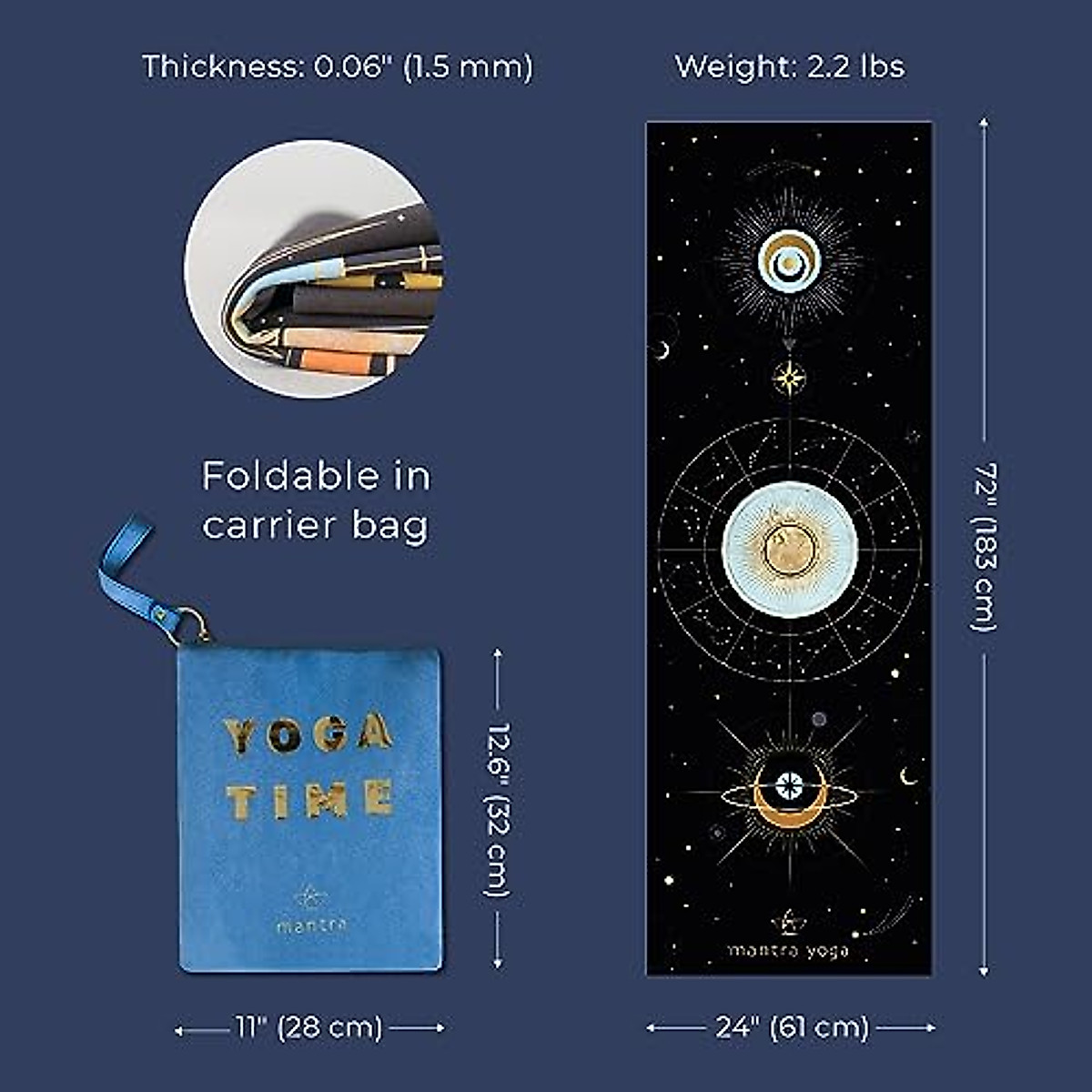 Mantra Yoga Travel PRO 1.5mm - Foldable Fitness & Exercise Mat with Bag | Lightweight, Compact & Eco-Friendly | Non-Slip & Washable | For All Types of Yoga | 72" L x 24" W