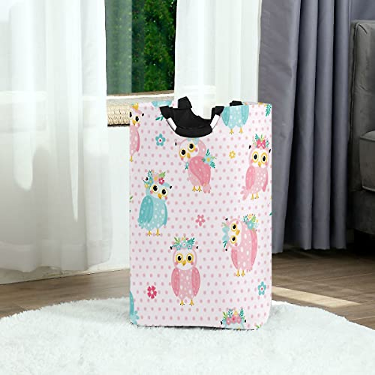 Exnundod Cute Flower Owls Laundry Basket Cartoon Style Large Laundry Hamper Folding Clothes Bag with Handle Oxford Clothes Washing Bin 22.7 Inch