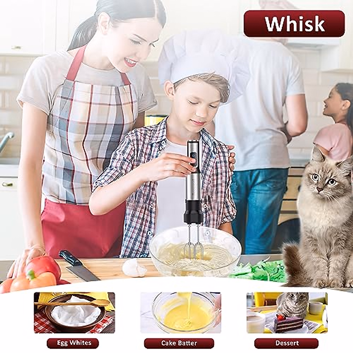 BEEWEEL Immersion Blender - 800 Watts Scratch Resistant Hand Blender, 15 Variable Speeds & Turbo Hand Mixer, 4-in-1 Heavy Duty Copper Motor Handheld Blender with Egg Whisk,Chopper and Coffee Grinder