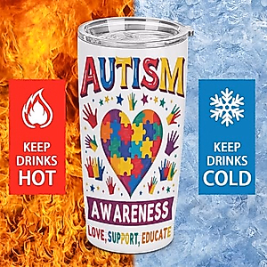 Autism Awareness Heart 20 OZ Stainless Steel Tumbler Travel Car Coffee Mug with Straw Lid Cleaning Brush Coffee Tumbler Mug for Women Men