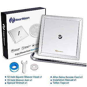 Rain Shower Head With Extension Arm, NearMoon Square Shower Heads, Large Stainless Steel Rainfall Showerhead-Waterfall Full Body Coverage (12 Inch Shower Head With 15 Inch Shower Arm, Chrome)