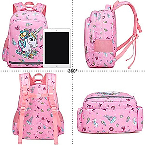 Girls Unicorn Backpack, Elementary School Kids Backpack for Girls Unicorn Bookbag Set with Chest Strap Lunch Bag and Pencil Case