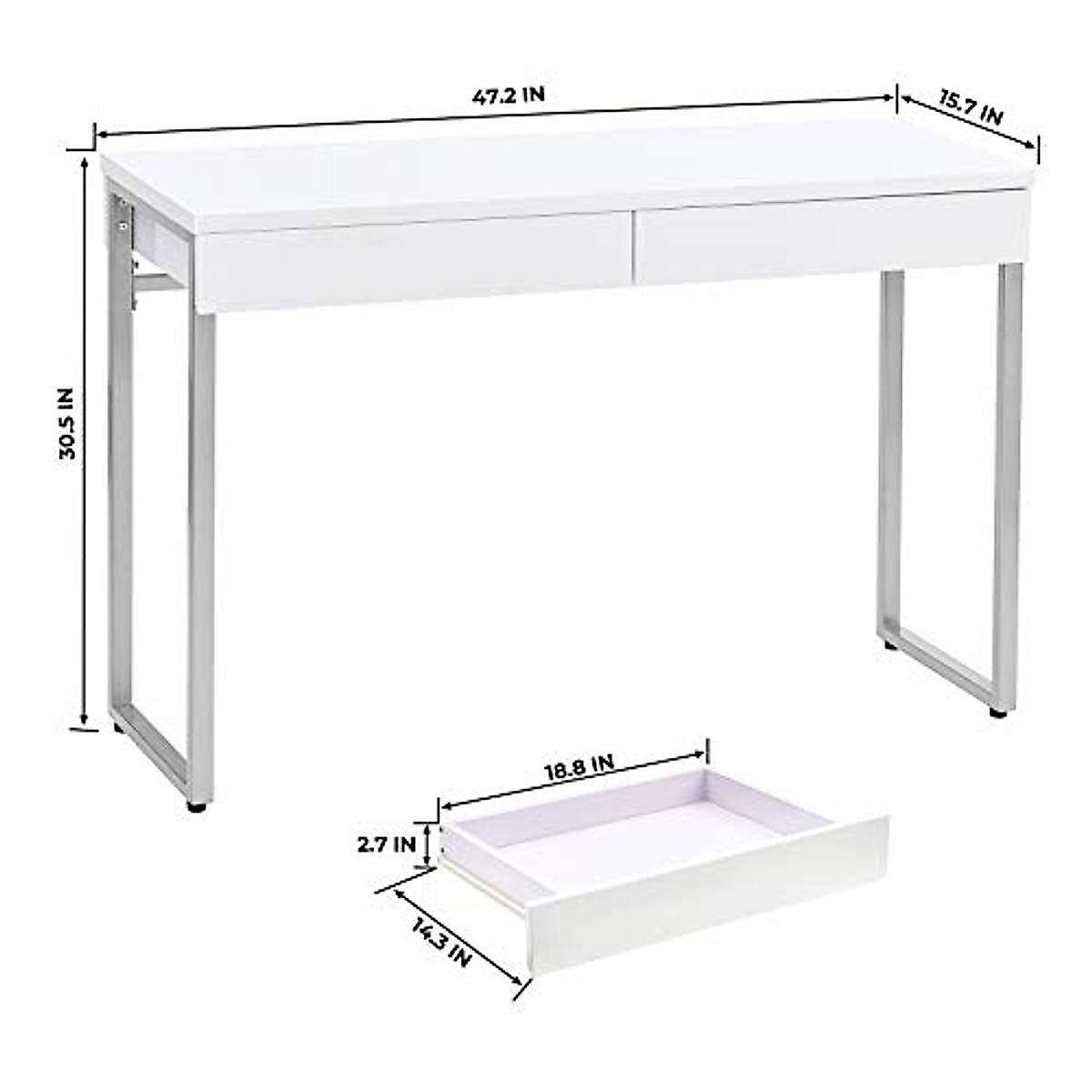 GreenForest Vanity Desk with 2 Drawers Glossy White 47 inch Modern Home Office Computer Writing Desk Makeup Dressing Table with Metal Silver Legs for Bedroom,Without Mirror