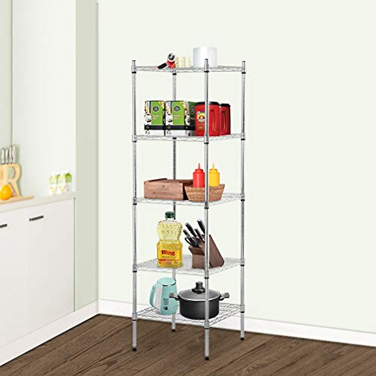 5 Shelf Wire Shelving Unit Metal Nsf Wire Shelf Organizer Storage Shelves Heavy Duty Height Adjustable Utility Leveling Feet Steel Layer shelf Commercial Grade Rack Capacity-18x18x59,Chrome
