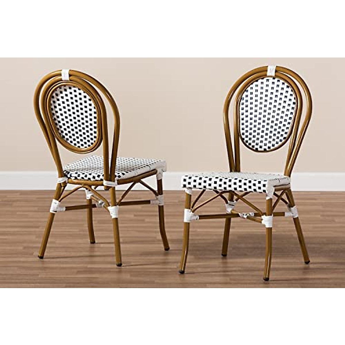 Baxton Studio Gauthier Classic French Indoor and Outdoor Navy and White Bamboo Style Bistro Stackable Dining Chair Set of 2