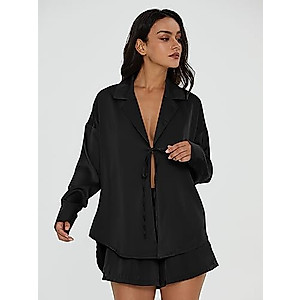 DEEP SELF Women's Silk Pajama Sets Tie Front Long Sleeve Shirts and Shorts Satin Pj Set Soft Two Piece Sleepwear with Pockets (Black, Medium)